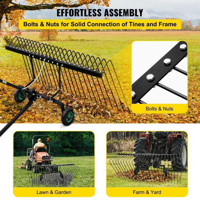 Pine Straw Rake Landscape Rake 60" for ATV UTV Utility Tractor W/ Wheels